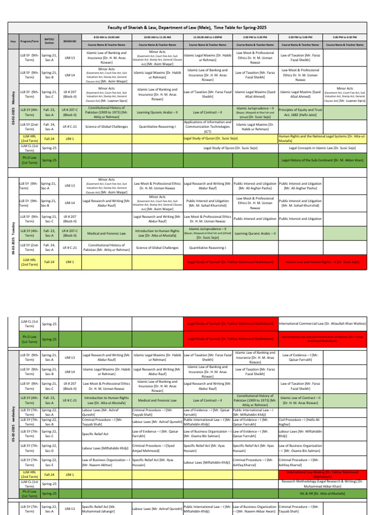 Time Table Law (Male) Spring-25 | PDF | Justice | Crime & Violence