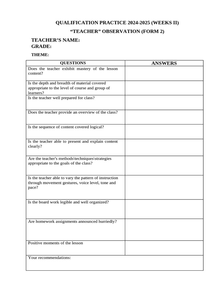 Teacher Observation Form Guide | PDF