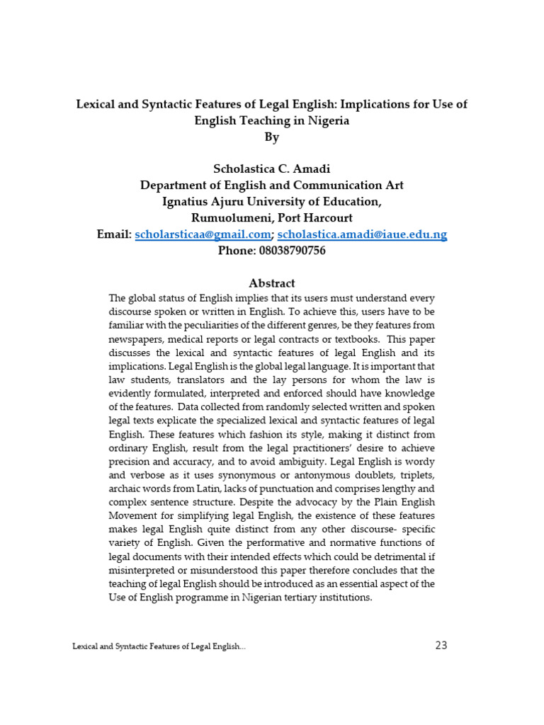 Lexical and Syntactic Features of Legal English Implications For Use of English Teaching in ...