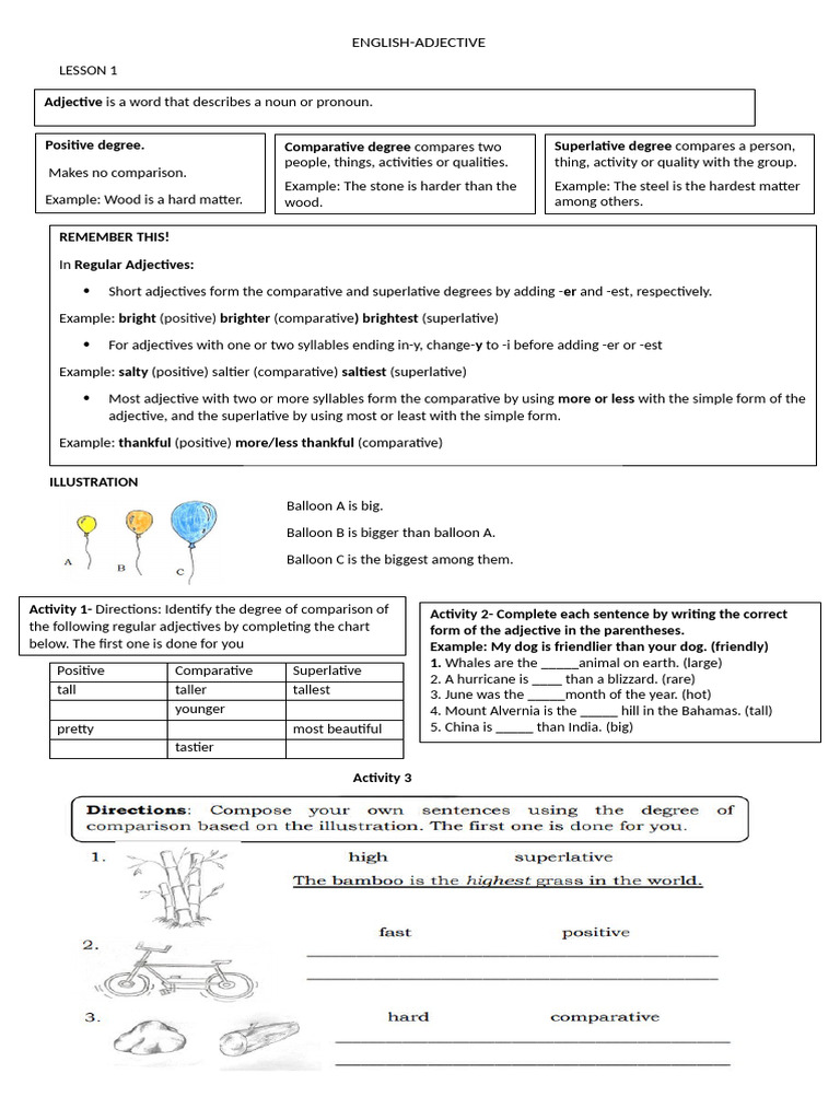 Adjective Comparison Guide and Activities | PDF | Adjective | Morphology