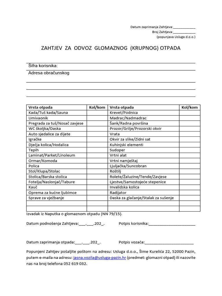 Zahtjev Za Odvoz Glomaznog Otpada | PDF