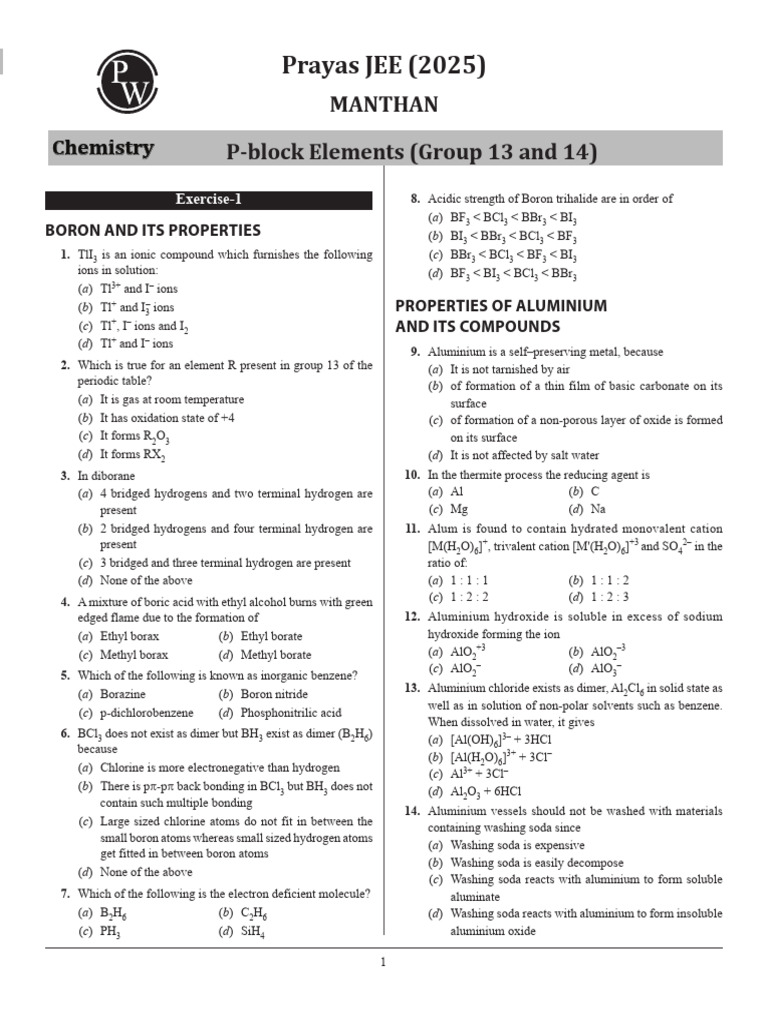 P-block Elements (Group 13 and 14) _ Standard Practice Sheet (JEE Mains ...
