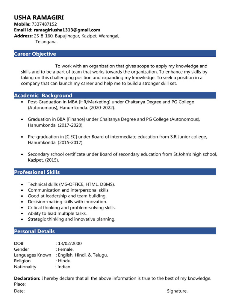 Usha Ramagiri Resume | PDF