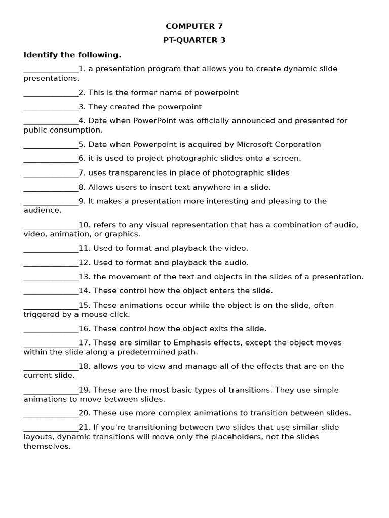 COMPUTER 7 PT Q3 2025 | PDF | Microsoft Power Point | Animation