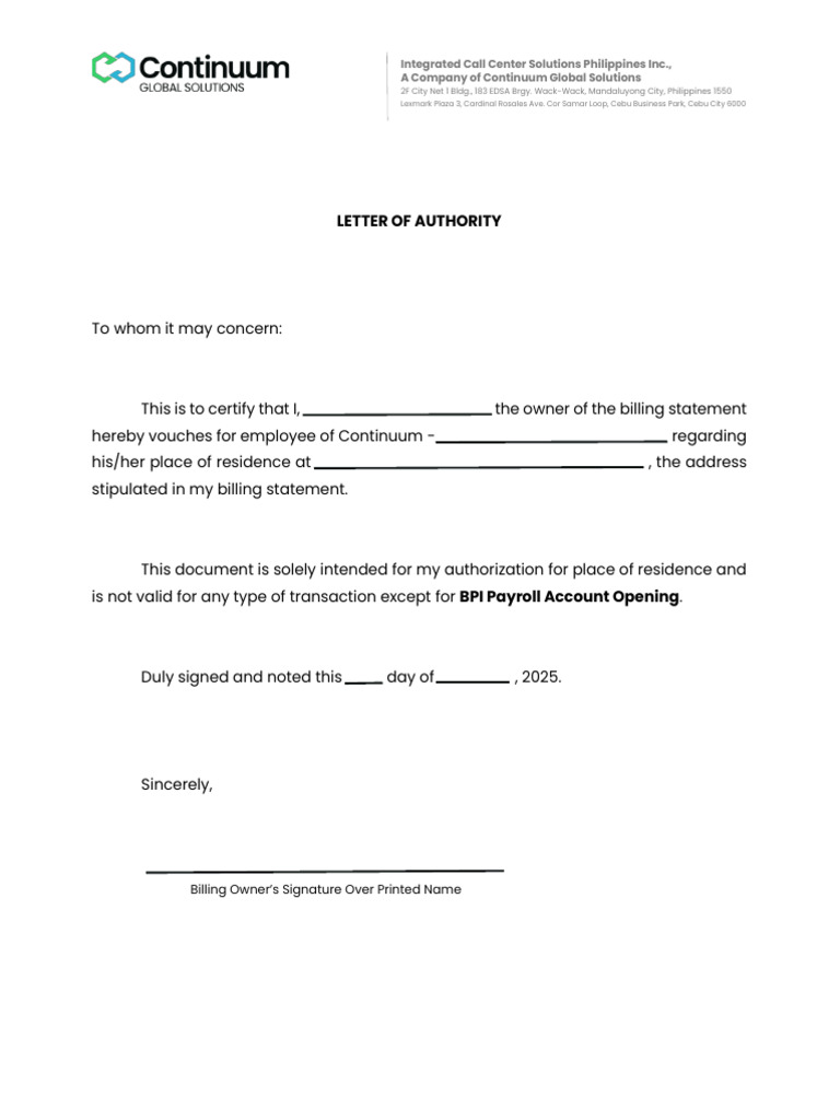 Authorization Letter 2025 (for Proof of Billing) | PDF