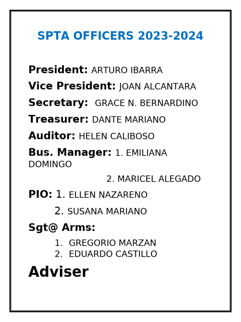 SPTA Officers List 2023-2024 | PDF