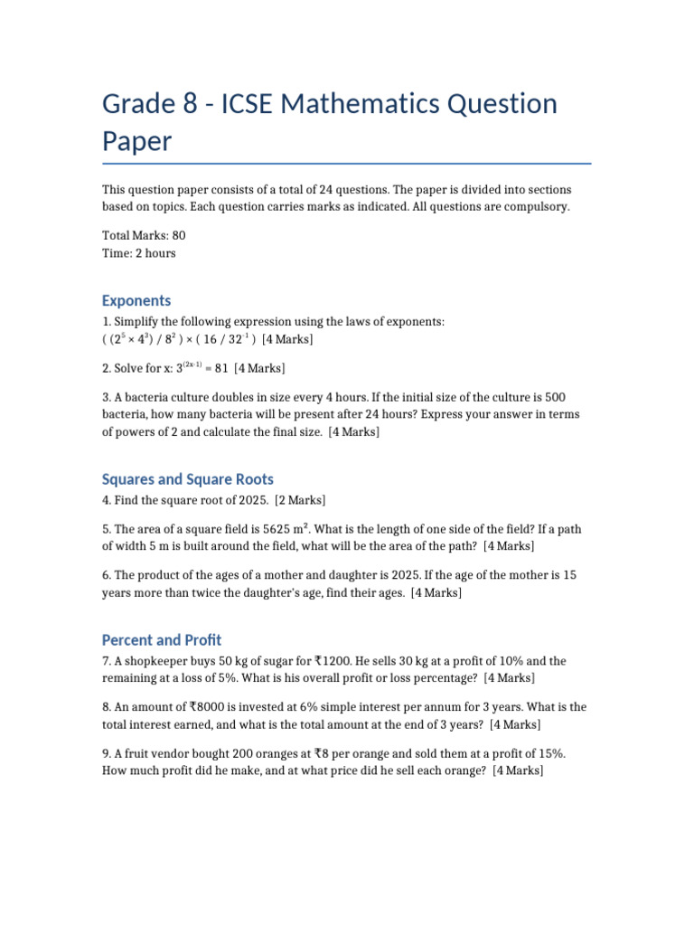 Grade_8_ICSE_Maths_Question_Paper | PDF | Euclid | Elementary Geometry