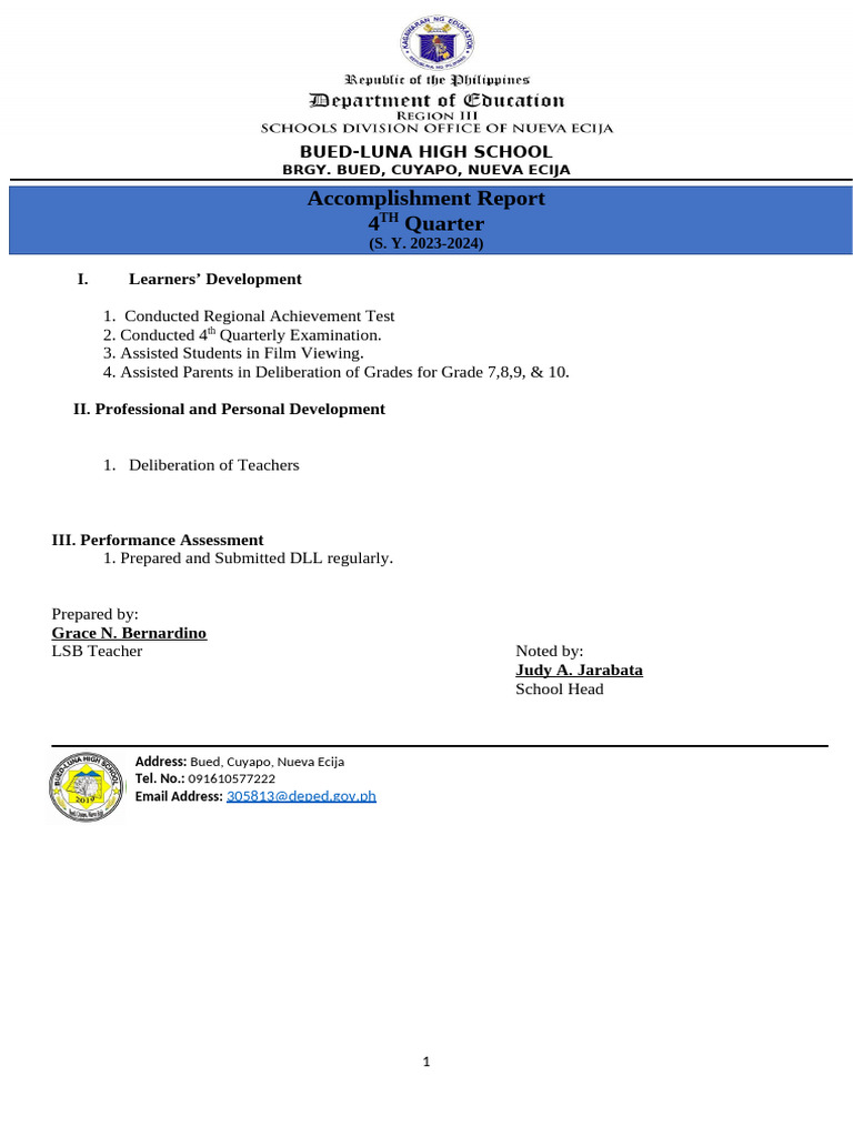 Accomplishment Report 4TH QUARTER | PDF