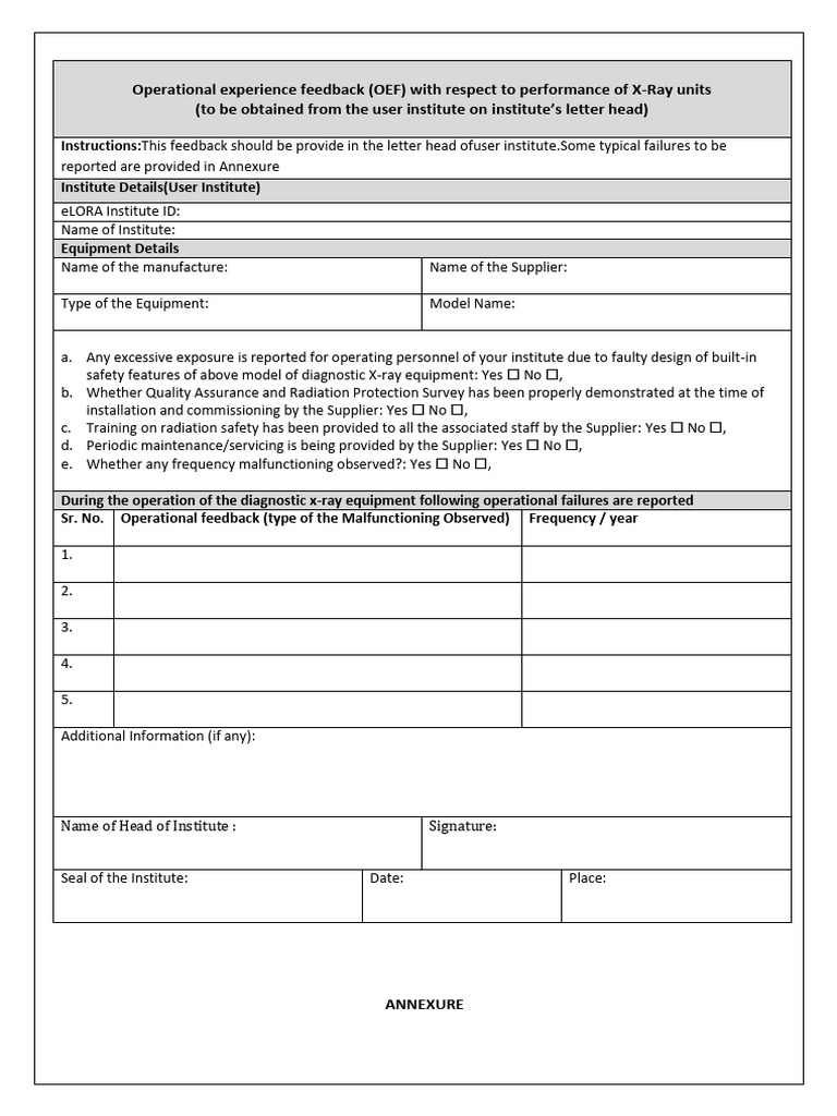 X-Ray Equipment Operational Feedback Form | PDF