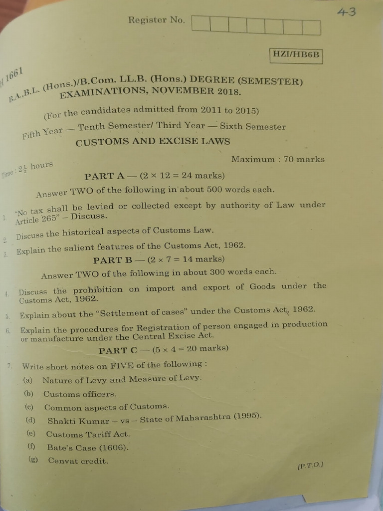 Custom and Excise Law Previous Years Question Papers | PDF | Customs ...