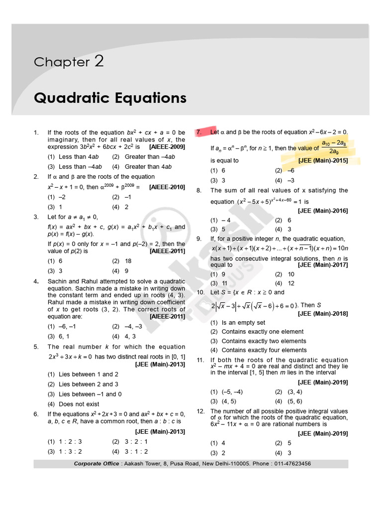 JEE Main Quadratic Equations | PDF | Quadratic Equation | Zero Of A ...