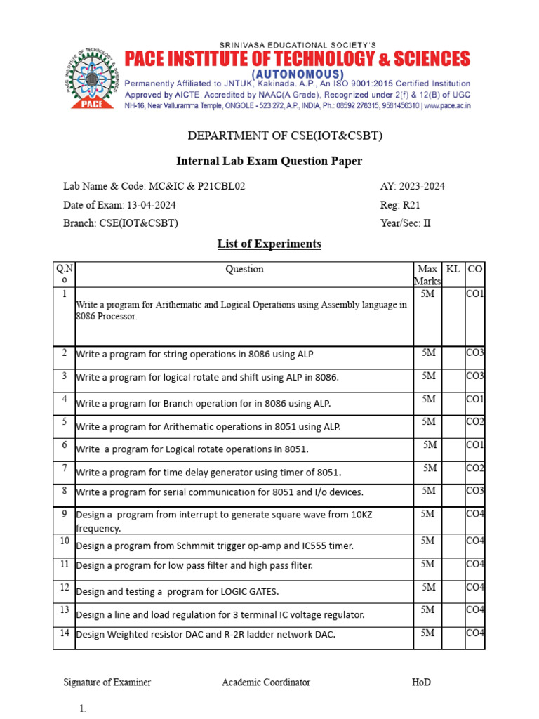 Lab Internal Question Paper ECE-C | PDF