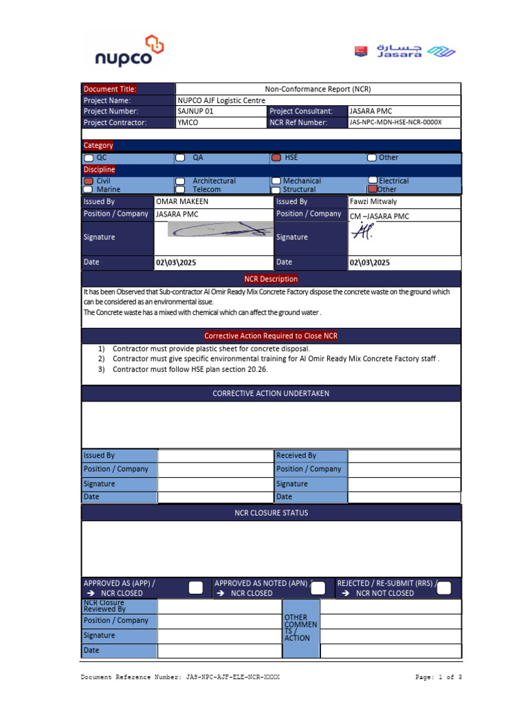 NCR For Concrete Waste Disposal | PDF | Materials