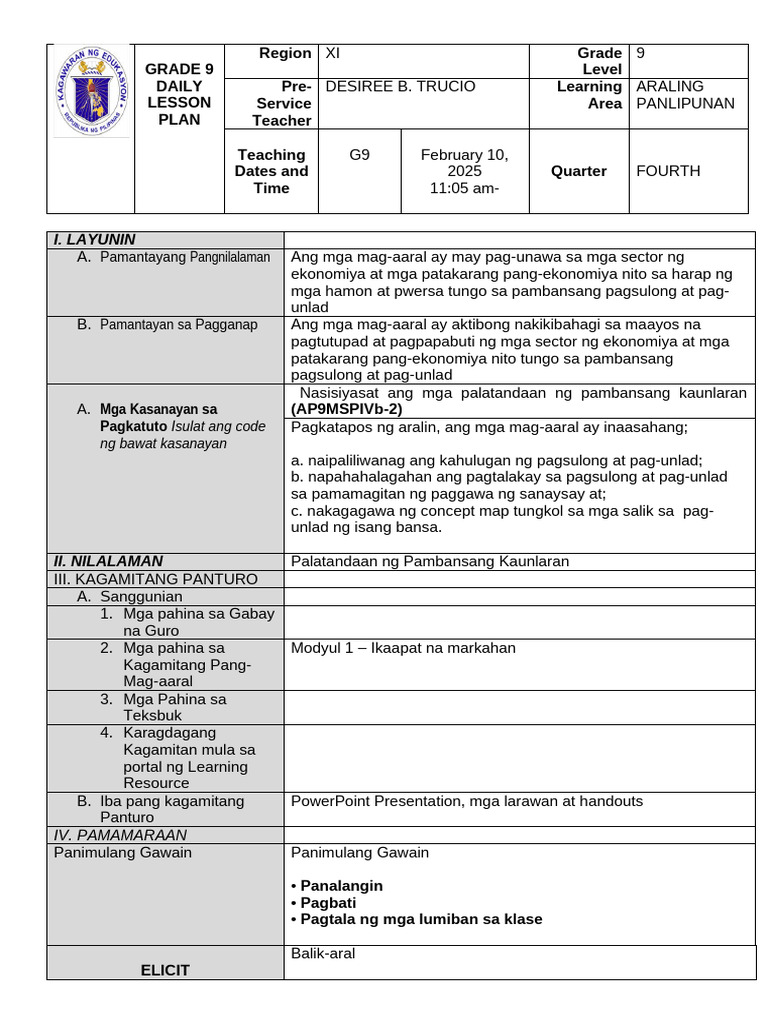 Grade 9 Daily Lesson Plan Region Grade Level Pre-Service Teacher ...