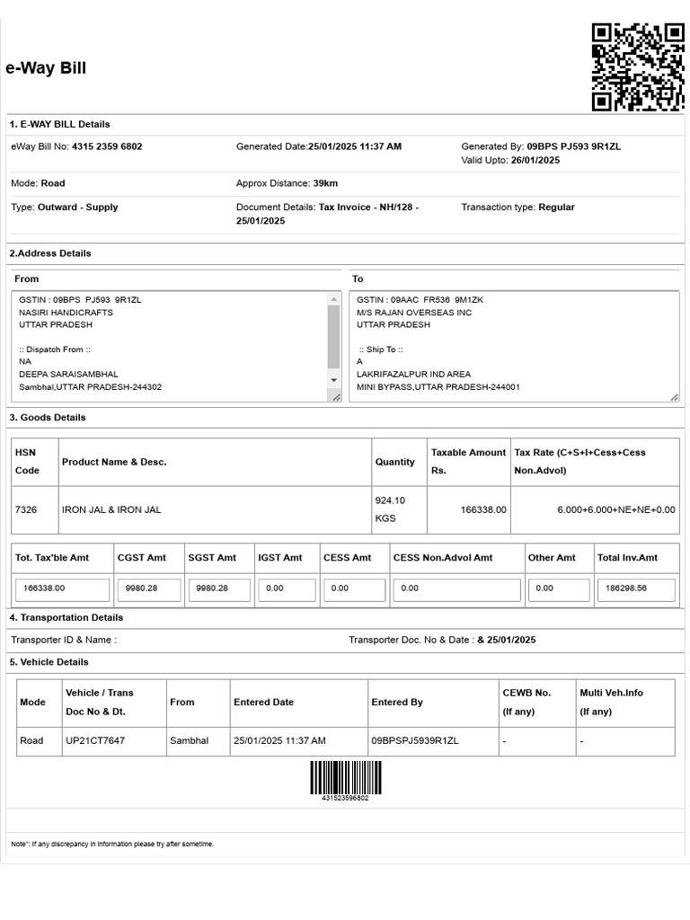 E-Way Bill System NH-128 | PDF | Payments | Government