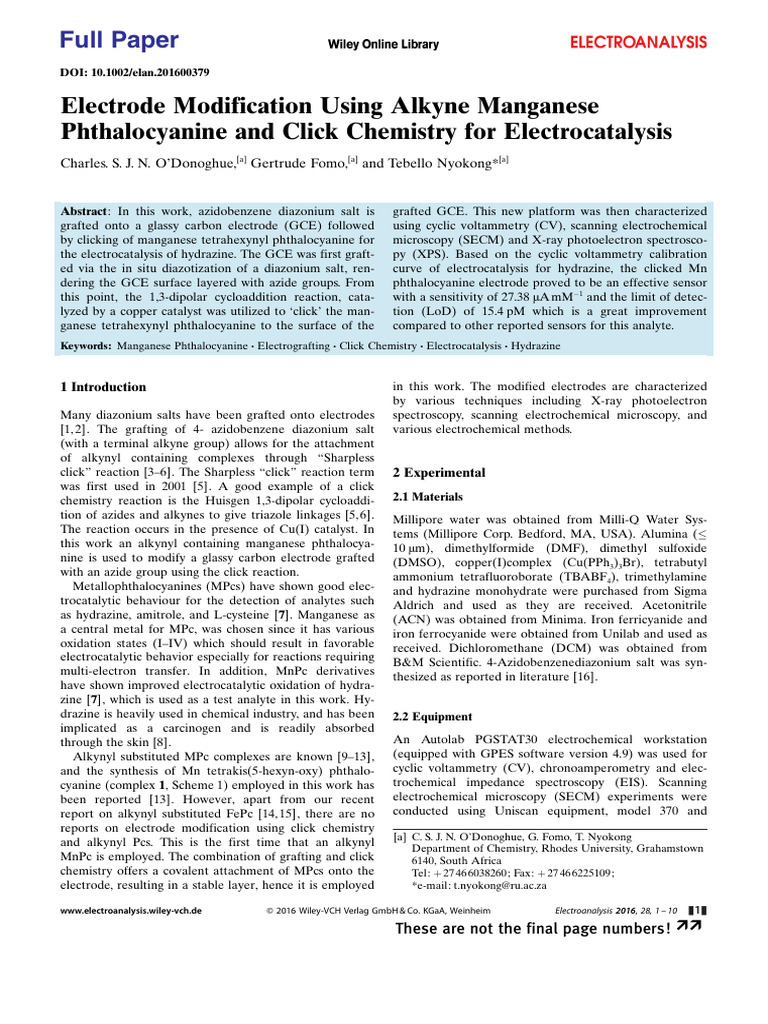 Electrode Modification Using Alkyne Manganese | PDF | X Ray ...