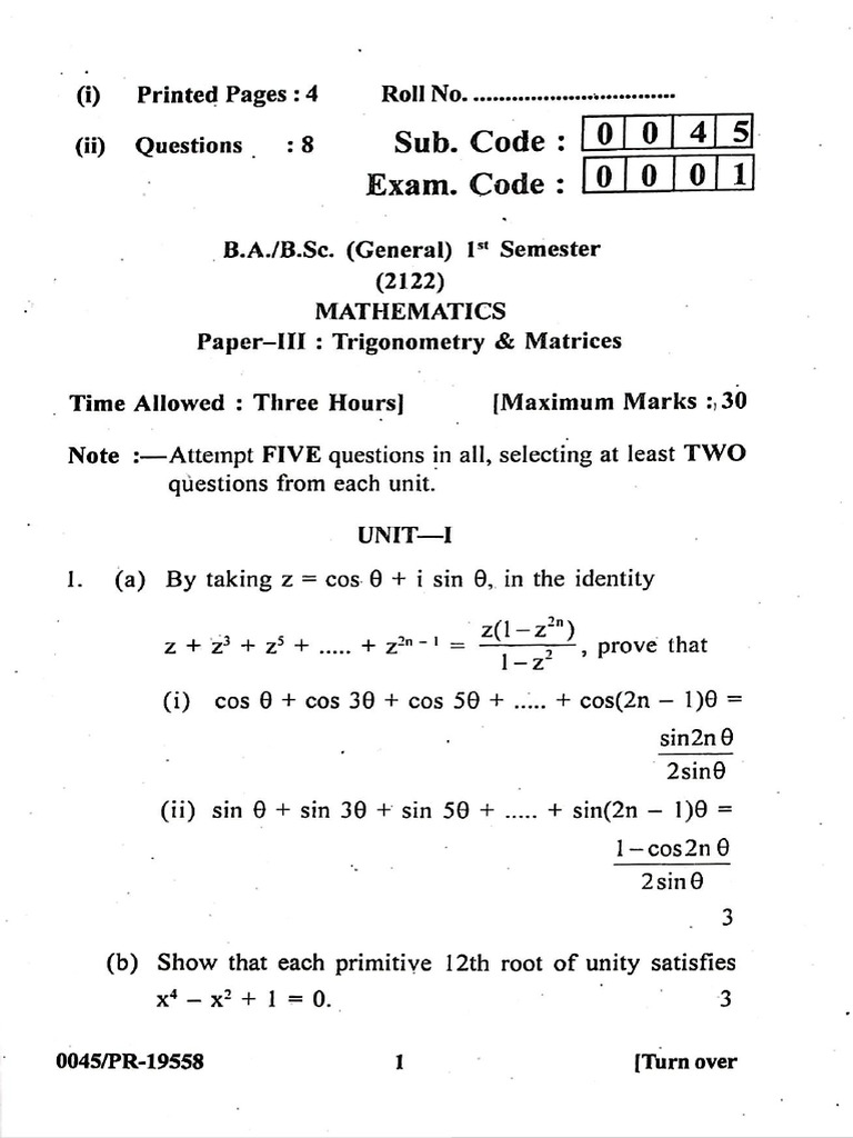 BA BSC General 1st Sem Mathematics Paper III Trigonometry & Matrices ...