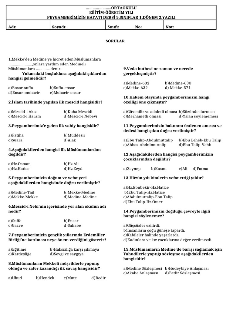 Sinif Siyer 1. Donem 2. Yazili Yoklama Sorulari | PDF