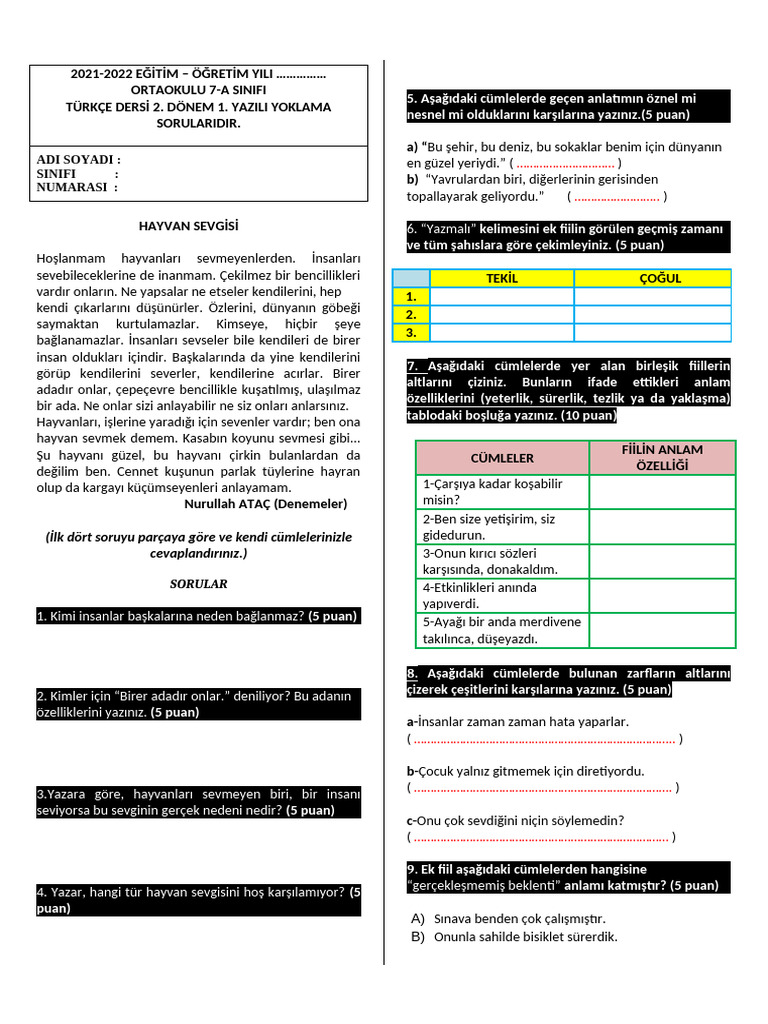 Turkce 2.donem 1.sinav Cevaplari1 | PDF