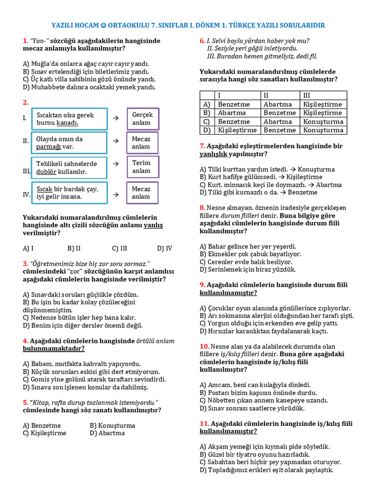 7.sinif Turkce 1.donem 1.yazili 1 | PDF