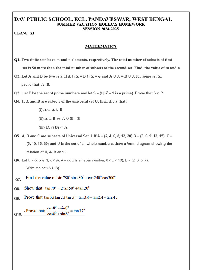 Class XI Summer Homework 2024-25 | PDF | Arithmetic | Mathematical Objects