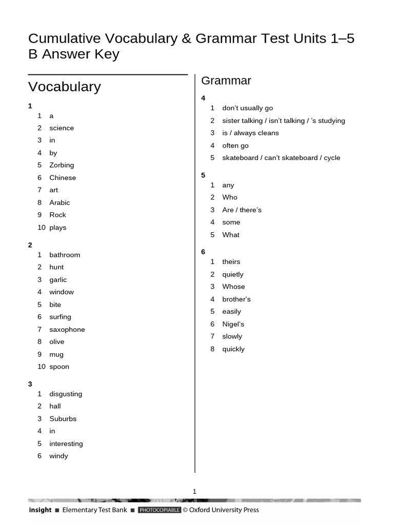 Cumulative Vocabulary + Grammar Units 1-5 B Answer Key | PDF