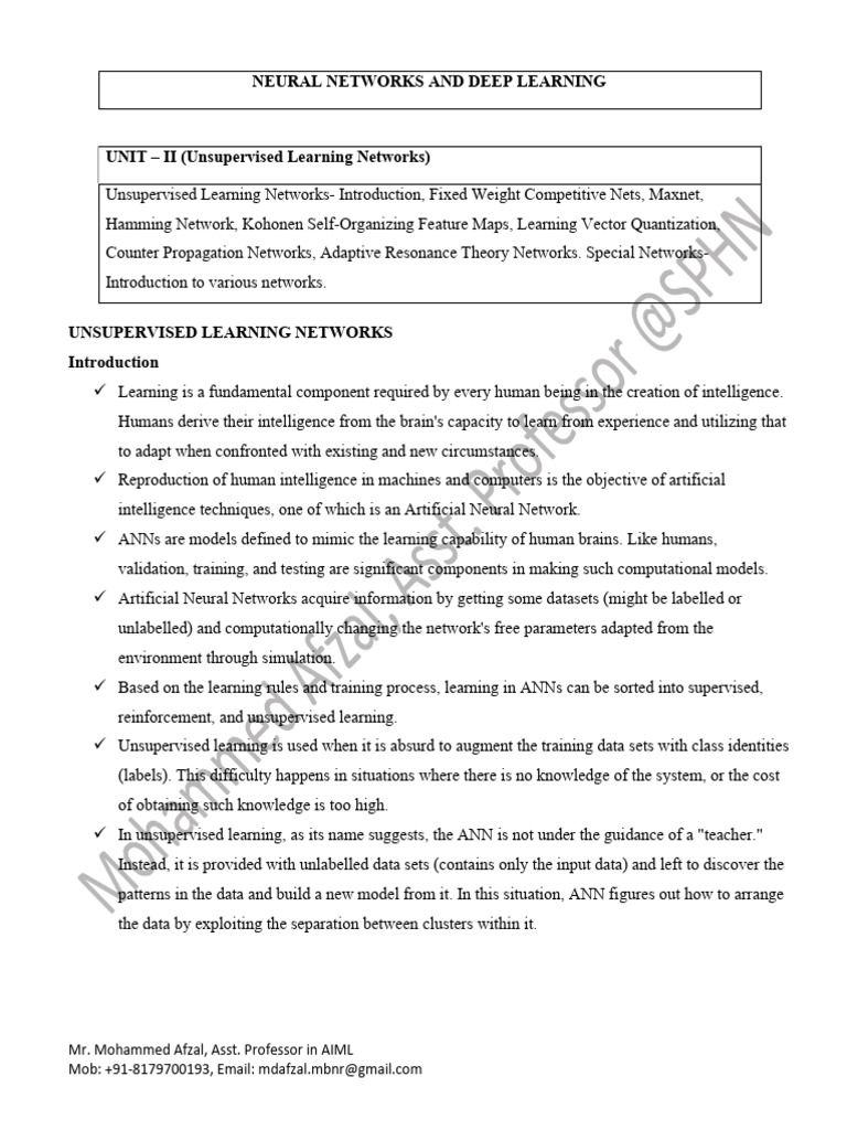 NN&DL Unit-II Unsupervise Learning Networks | PDF | Intelligence | Cognitive Science