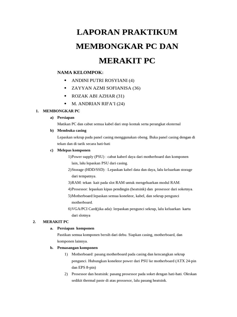 Laporan Praktikum Membongkar PC Dan Merakit PC Kel - Andini, Zayyan ...