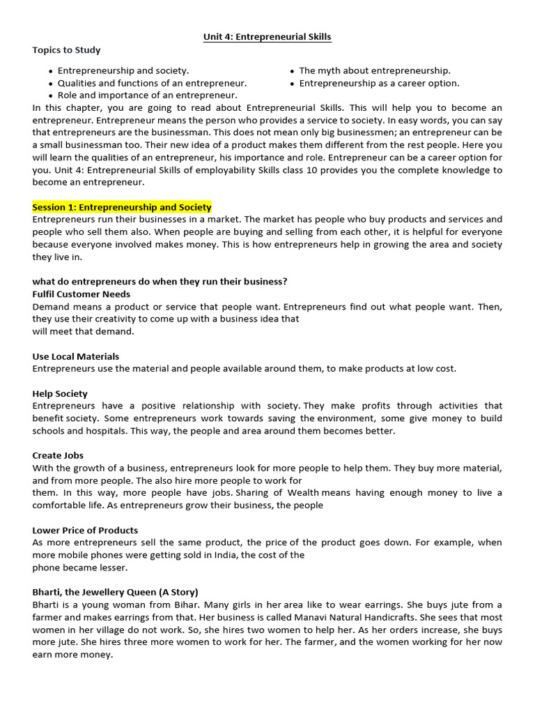 Unit 4 Entrepreneurial Skills & Unit 5 Green Skills Notes | PDF ...