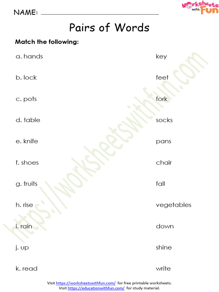 Pairs of Words Matching Worksheet | PDF