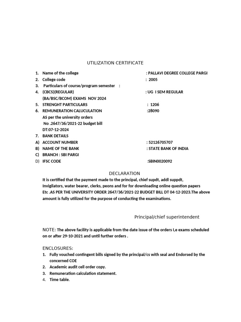 UTILIZATION CERTIFICATE 1 SEM | PDF