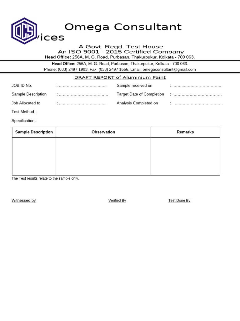 Aluminium Paint Test Report Template | PDF