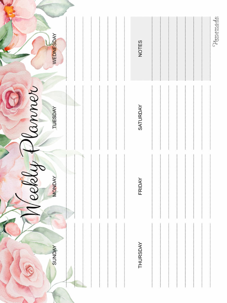 Weekly Calendar Landscape Blocks Roses | PDF