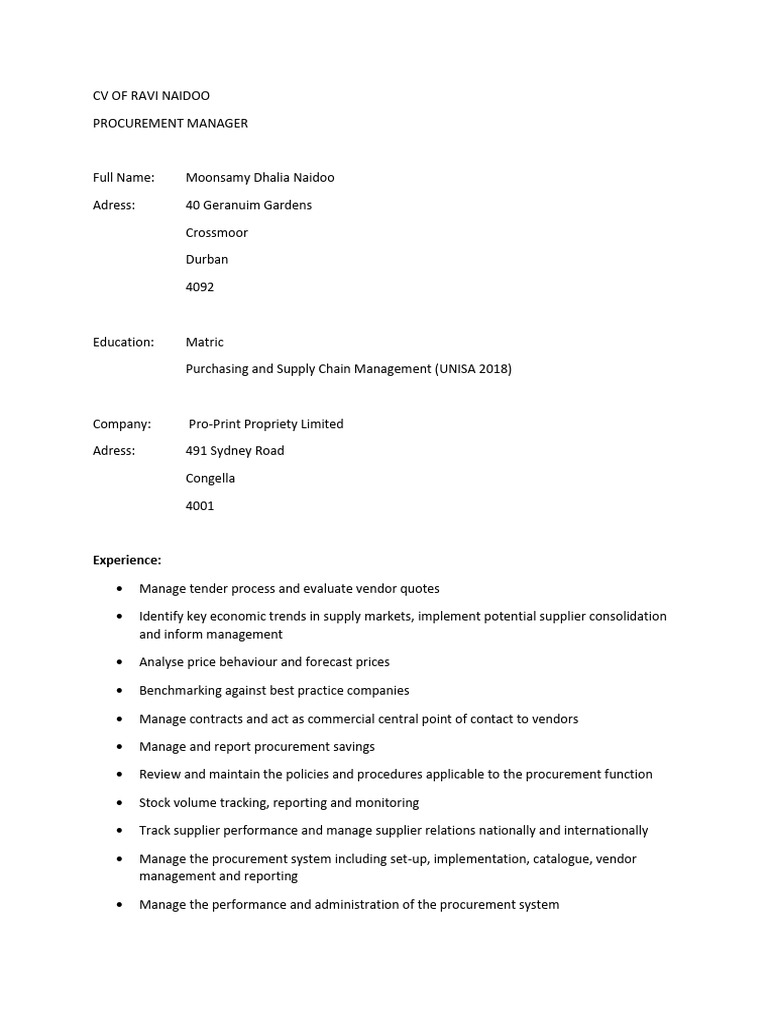 CV of Ravi Naidoo - Procurement Manager | PDF