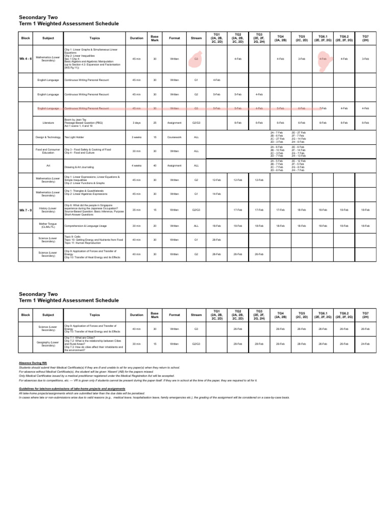 2025 WA1 Schedule - T1 Sec 2 | PDF | Mathematics