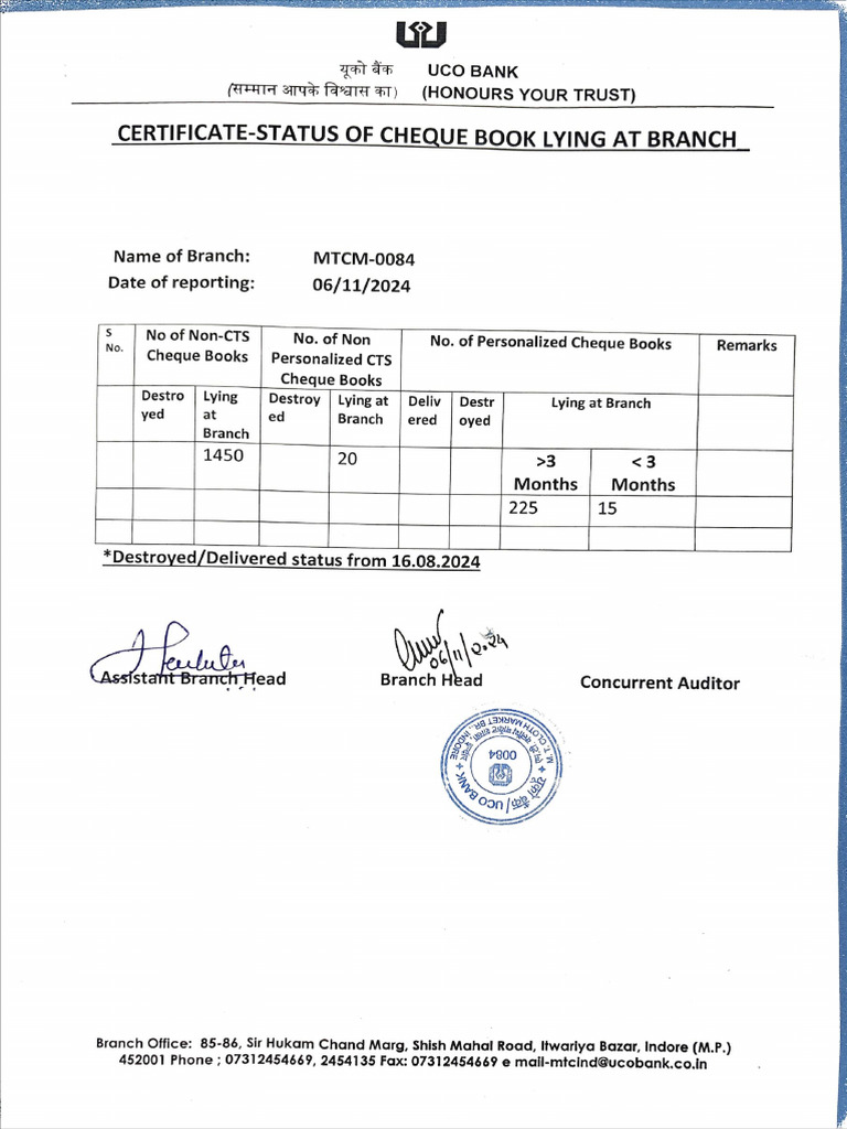 Certificate of Status of Cheque Book of Uco Bank 2024 | PDF