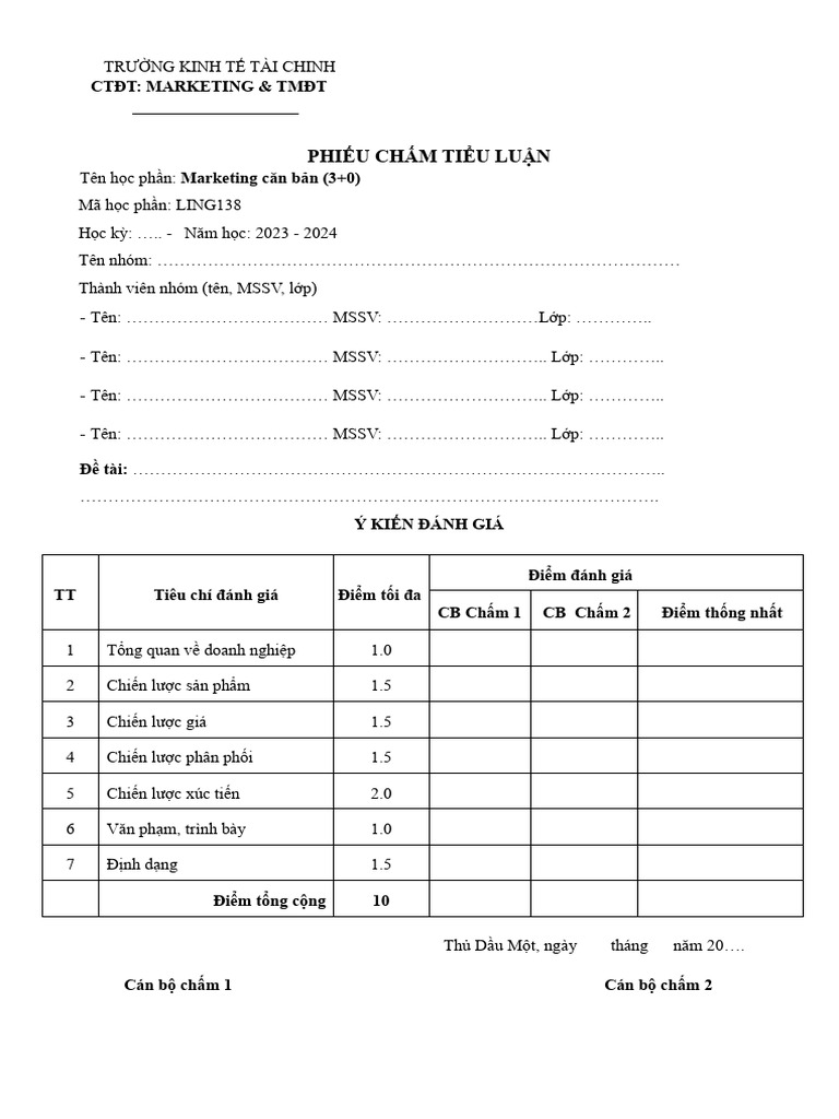New-Phieu Cham & Rubric Tieu Luan | PDF