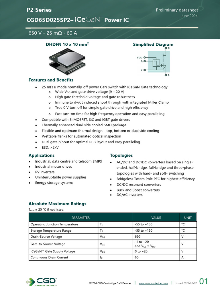 Cambridge GaN Devices - Preliminary - Datasheet - CGD - 65 | PDF | Power Inverter | Power ...