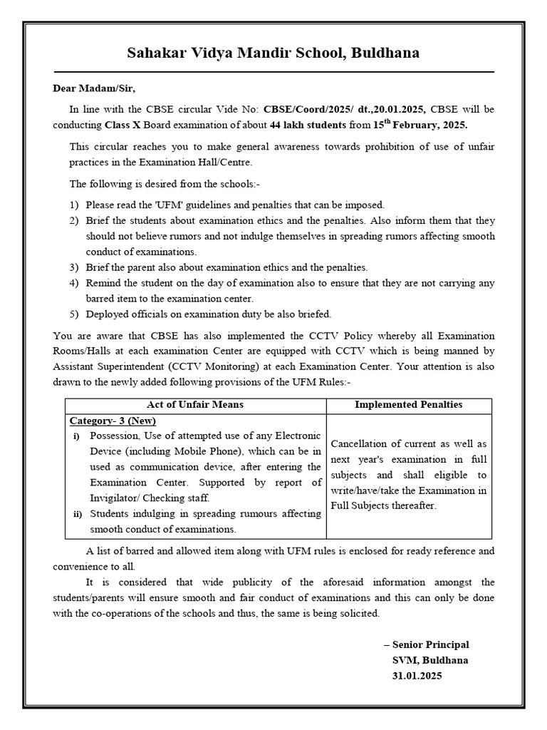 CBSE Class X Exam UFM Guidelines 2025 | PDF | Justice | Crime & Violence