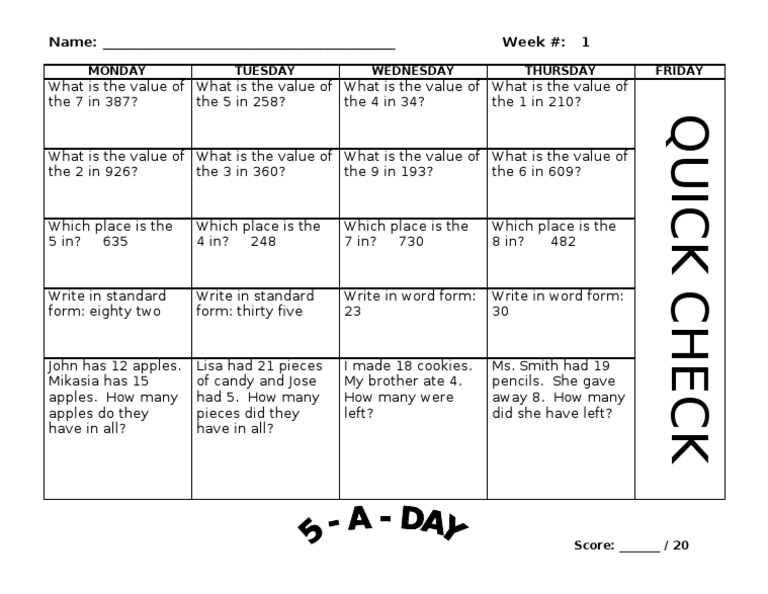 Weekly Math Value and Word Problems | PDF
