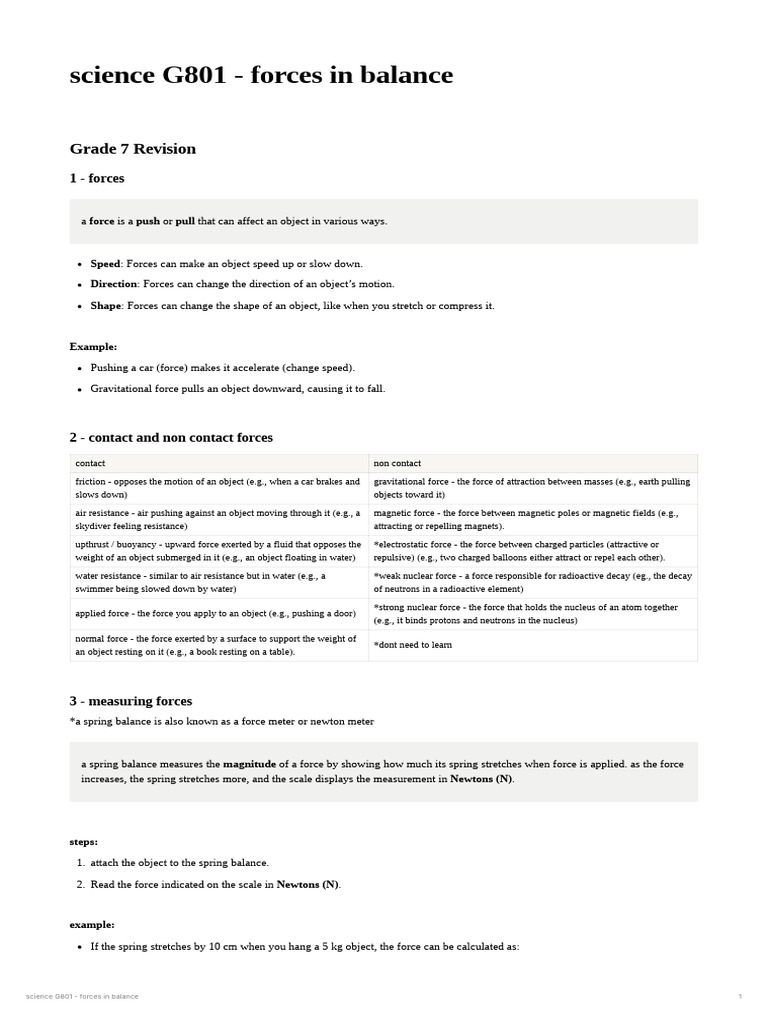 Grade 8 Forces in Balance Notes | PDF | Force | Weight