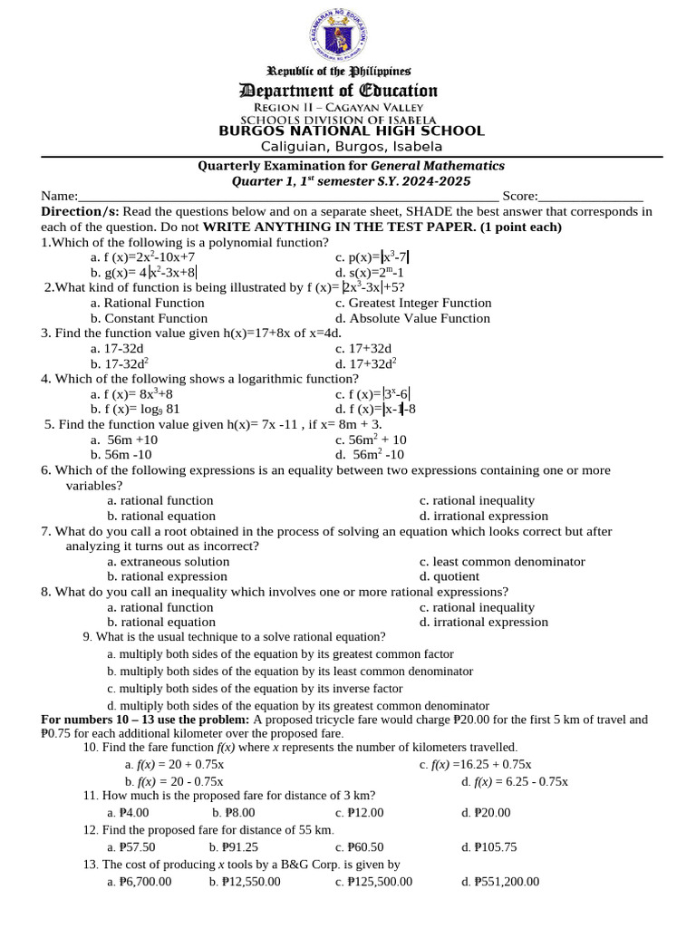 1st Quarterly Exam Gen Math | PDF | Function (Mathematics) | Rational Number