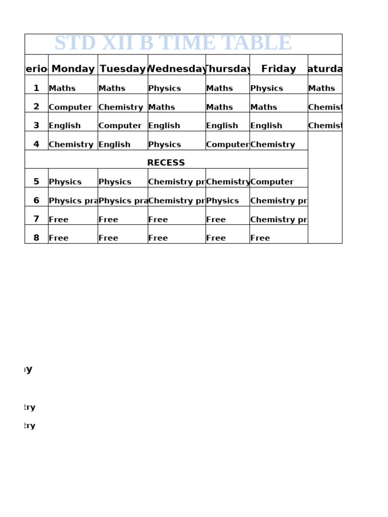STD XII B Weekly Class Schedule | PDF