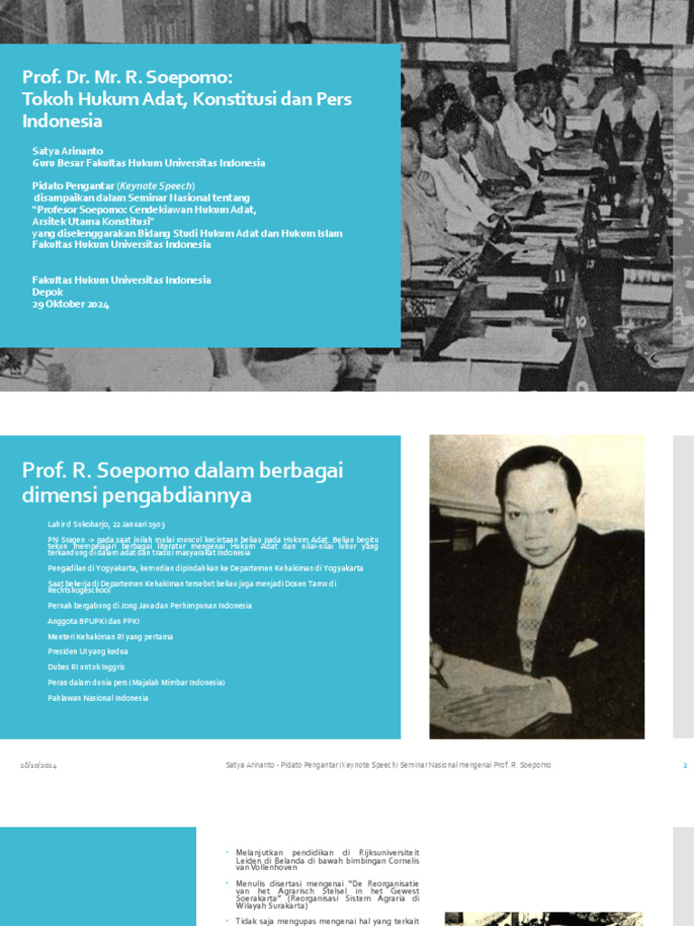 Satya Arinanto - Pidato Pengantar Dalam Seminar Nasional Mengenai Prof. Soepomo, 29 Oktober 2024 ...