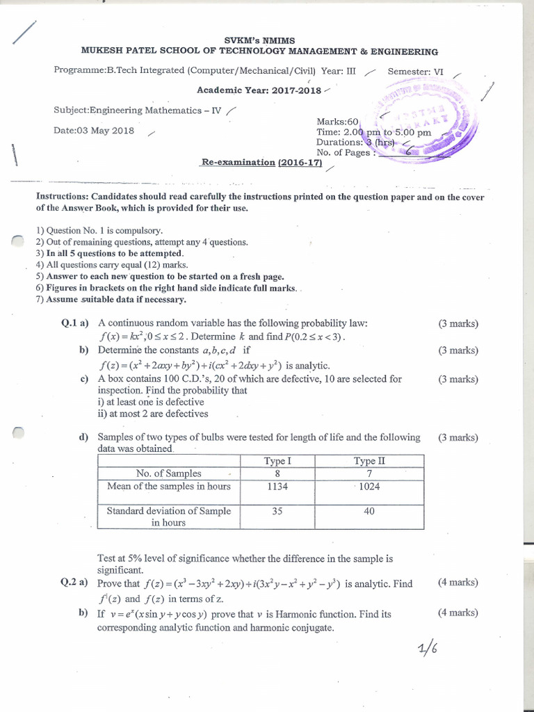 Engineering Mathematics IV 2017-18 Final HWCv3KIijA | PDF