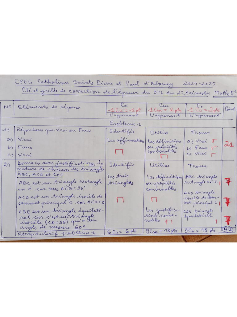 Clé Et Grille DTL 2 Maths 5è Sts PP 2024 2025 | PDF