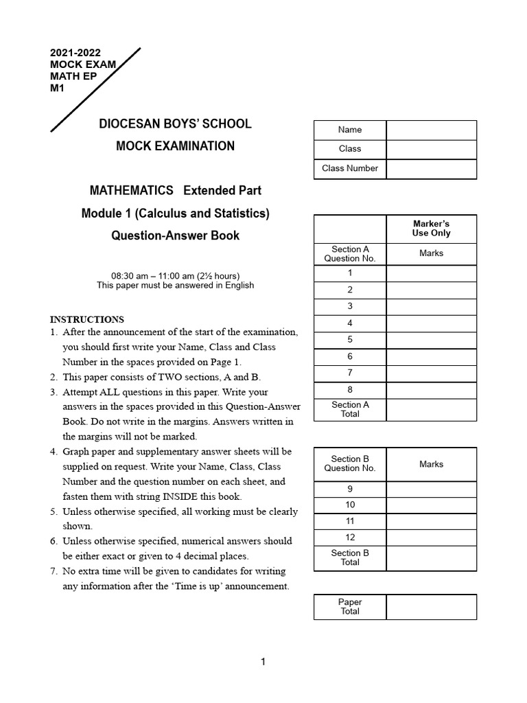 DBS 2022 G12 M1 Mock Exam - QUESTION - Tommy Cha | PDF | Mathematics ...