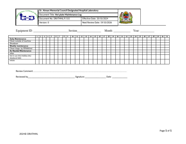 Hot Plate Maintenance Log Template | PDF