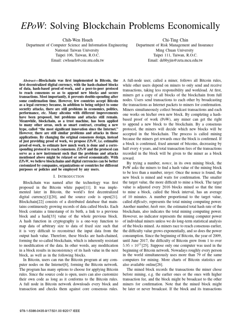 EPoW_Solving_blockchain_problems_economically | PDF | Bitcoin | Applied Mathematics