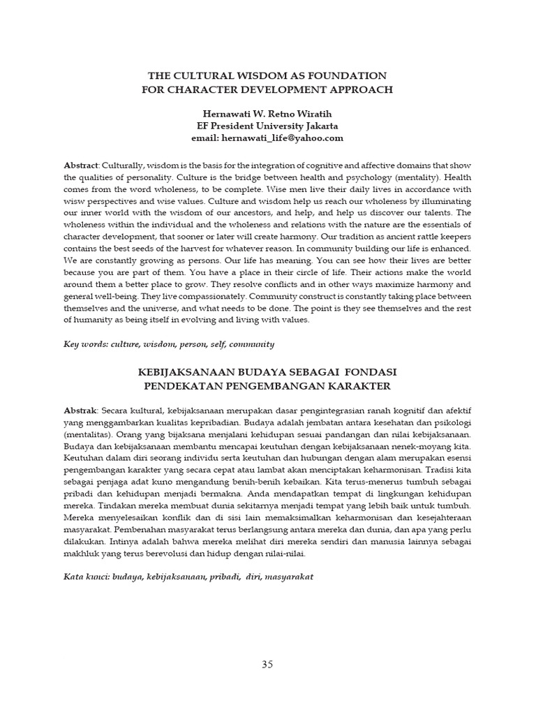 The Cultural Wisdom As Foundation For Character Development Approach Author Hernawati W Retno ...